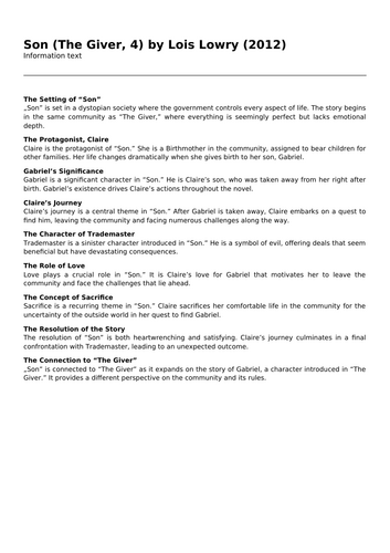 Son (The Giver, 4) by Lois Lowry (2012) | Teaching Resources
