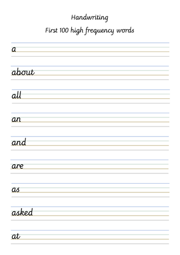 First 100 High Frequency Words Cursive Script Handwriting Sheets ...