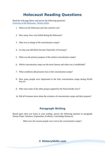 Overview of the Holocaust Reading Questions Worksheet | Teaching Resources