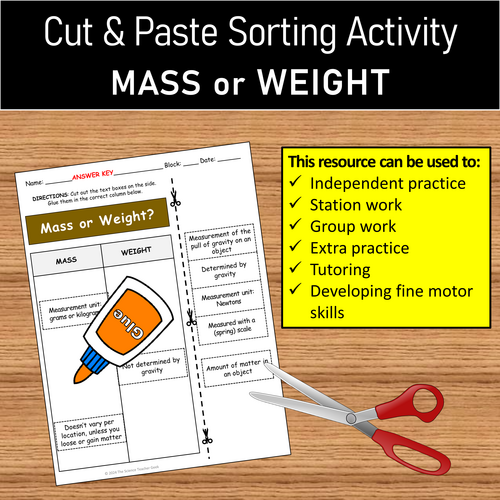 Mass or Weight | Cut and Paste Sorting Activity | Teaching Resources