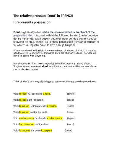 GCSE French : the relative pronoun 'dont': TEACHING RESOURCE | Teaching ...