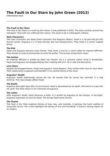The Fault in Our Stars by John Green (2012) | Teaching Resources