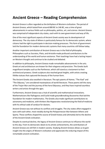 Ancient Greece – Reading Comprehension | Teaching Resources