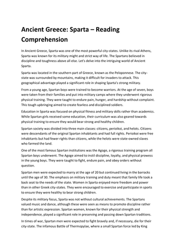 Ancient Greece Sparta Reading Comprehension Teaching Resources