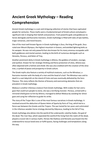 Ancient Greek Mythology – Reading Comprehension | Teaching Resources