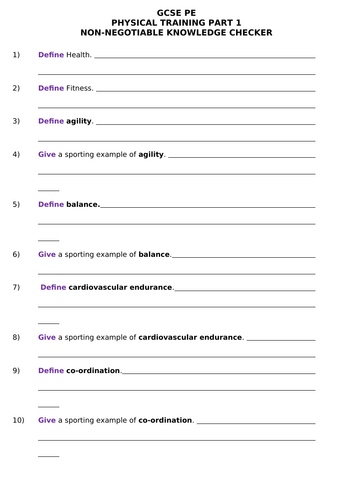AQA GCSE PE Paper 1 Knowledge Checkers | Teaching Resources