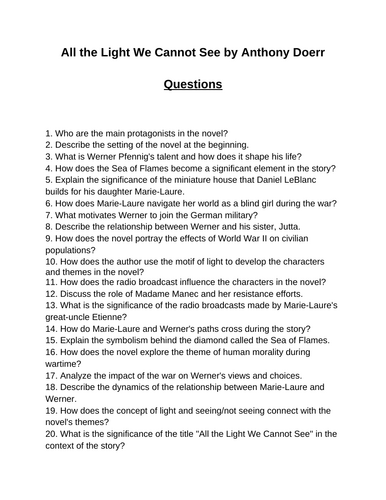 All the Light We Cannot See. Reading Comprehension Questions, Multiple ...