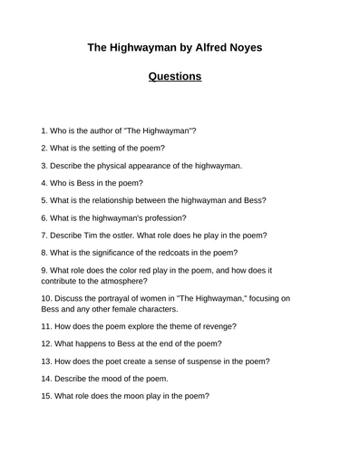 The Highwayman. Reading Comprehension Questions, Multiple-choice ...
