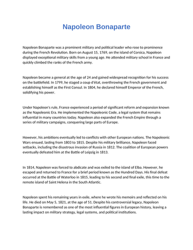 Napoleon Bonaparte : Reading Comprehension Questions With Answers ...