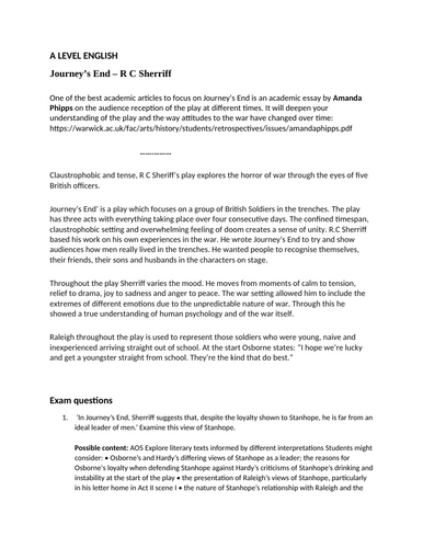 A Level English Literature "Journey's End" a bank of essay questions ...