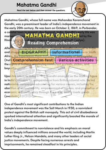Mahatma Gandhi biography , reading comprehension | Teaching Resources