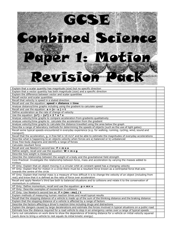 Combined Physics revision pack- Motion & Forces | Teaching Resources