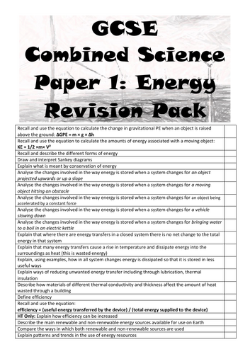 Combined Physics revision pack- Energy | Teaching Resources