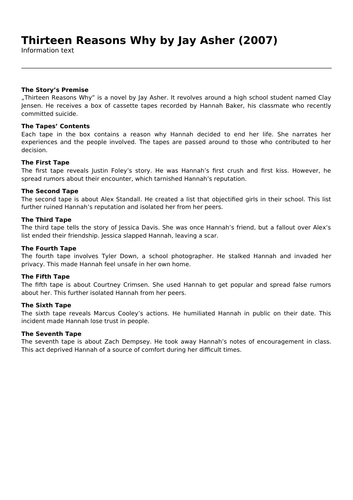 Thirteen Reasons Why by Jay Asher (2007) | Teaching Resources