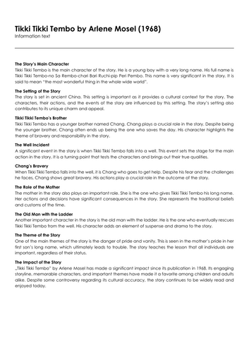 Tikki Tikki Tembo by Arlene Mosel (1968) | Teaching Resources