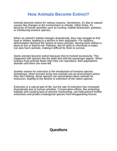 How Animals Become Extinct? : Reading Comprehension Questions With ...