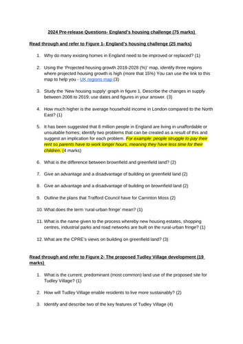 Geography AQA GCSE Pre-release questions 2024 Tudeley Village ...