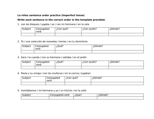 La niñez sentence order practice (Imperfect tense) | Teaching Resources