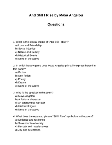 And Still I Rise. Reading Comprehension Questions, Multiple-choice ...