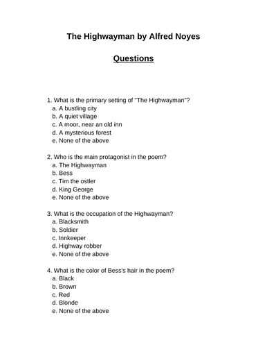 The Highwayman. Reading Comprehension Questions, Multiple-choice ...
