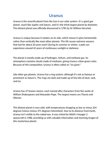 Uranus : Reading Comprehension Questions With Answers - Quiz / Test ...