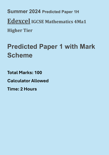 Summer 2024 Predicted Paper 1H Edexcel IGCSE Mathematics 4Ma1 | Teaching Resources