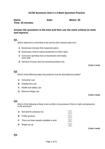 AQA GCSE Business Paper 1 Revision Booklets | Teaching Resources