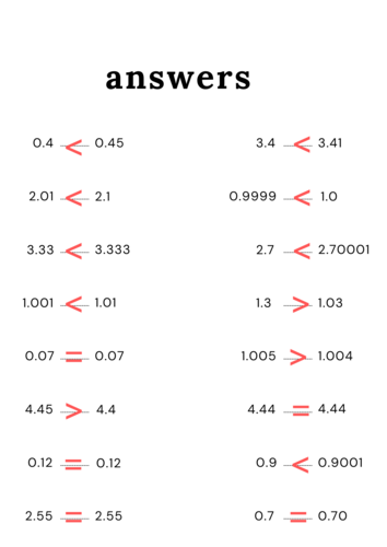 decimals greater than less than worksheets with answers | Teaching ...