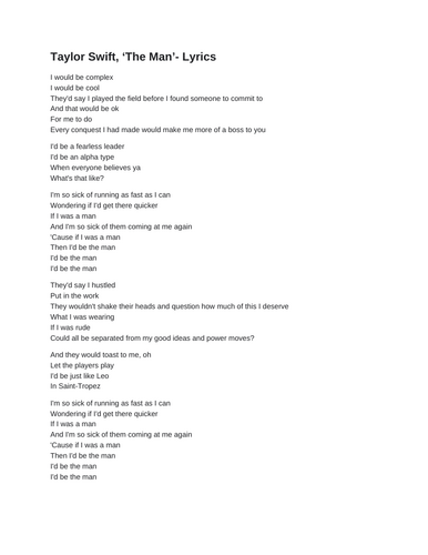 Taylor Swift 'The Man' Music Video SOW | Teaching Resources