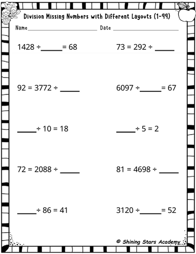 Missing Numbers Division Problems with Identical Layouts (1-99 ...