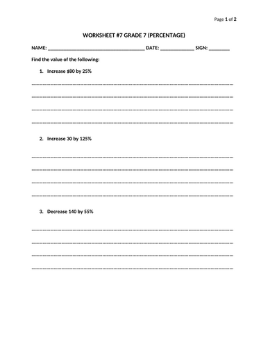 Worksheet #7 Percentage | Teaching Resources