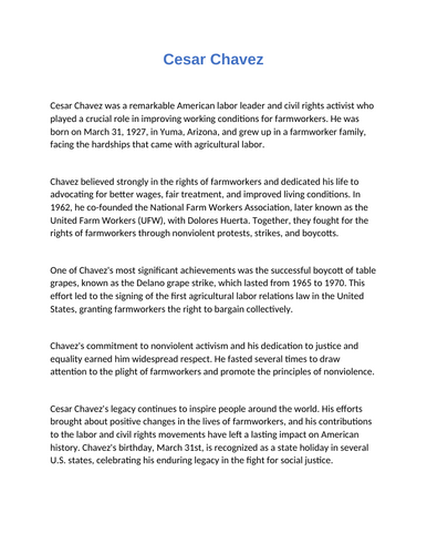 Cesar Chavez : Reading Comprehension Questions With Answers - Quiz ...