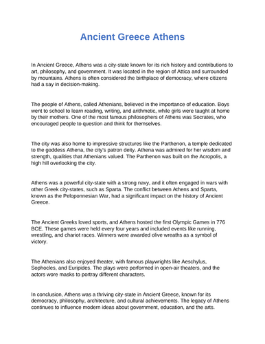 Ancient Greece Athens : Reading Comprehension Questions With Answers ...