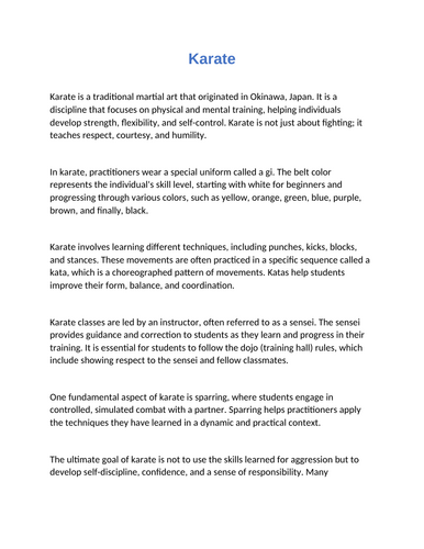 Karate : Reading Comprehension Questions With Answers - Quiz / Test ...