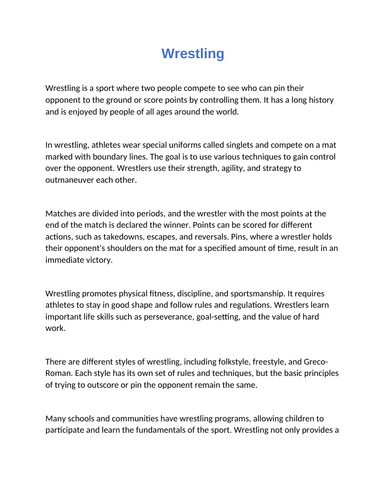 Wrestling : Reading Comprehension Questions With Answers - Quiz / Test ...