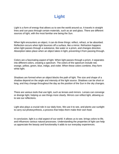 Light : Reading Comprehension Questions With Answers - Quiz / Test ...