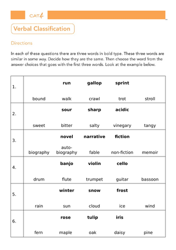CAT4 Verbal Reasoning: Verbal Classification Practice Paper | Teaching ...