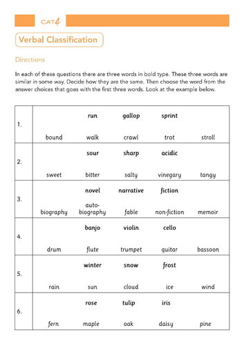 CAT4 Verbal Reasoning: Verbal Classification Practice Paper | Teaching ...