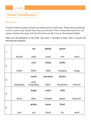 CAT4 Verbal Reasoning: Verbal Classification Practice Paper | Teaching ...