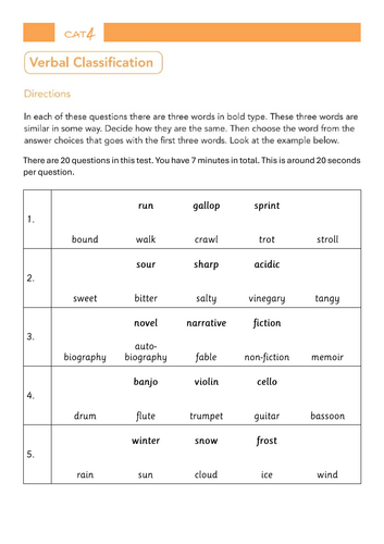 CAT4 Verbal Reasoning: Verbal Classification Practice Paper | Teaching ...
