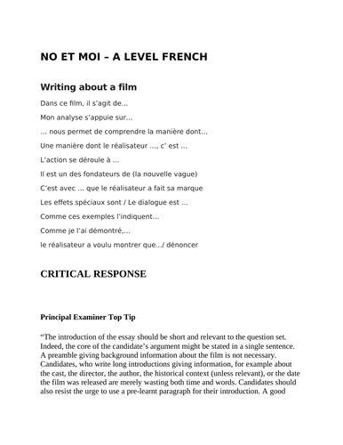 "No et Moi" revision notes A Level French: including collection of exam ...