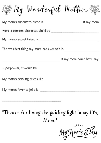 Printable mothers day mother's day fill in the blank fun activity ...