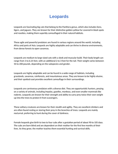 Leopards : Reading Comprehension Questions With Answers - Quiz / Test ...