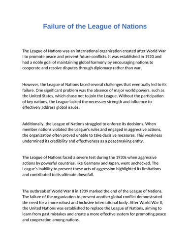 Failure of the League of Nations : Reading Comprehension Questions With ...