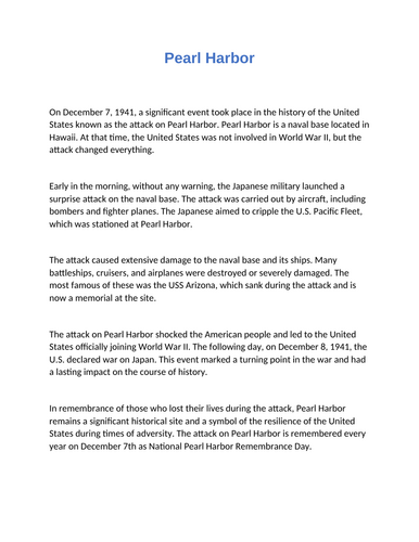 Pearl Harbor : Reading Comprehension Questions With Answers - Quiz ...