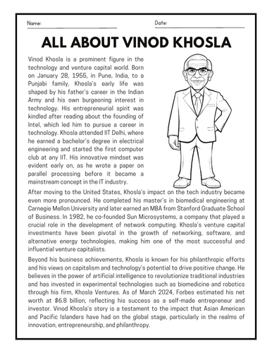 Vinod Khosla - Reading Activity Pack | AAPI Heritage Month Activities ...