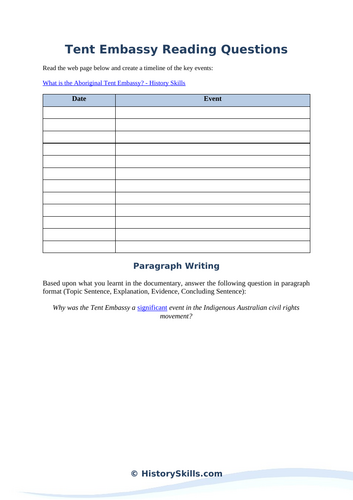 Aboriginal Tent Embassy Reading Questions Worksheet | Teaching Resources