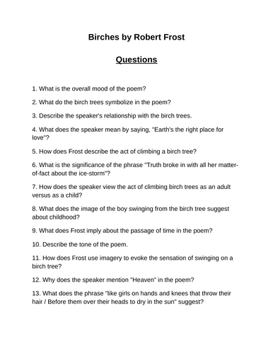 Birches by Robert Frost. Reading Comprehension Questions, Multiple ...