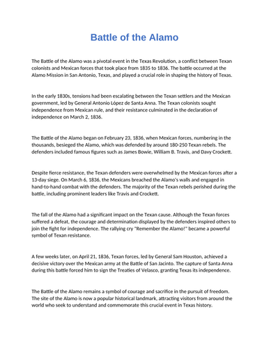 The Battle of the Alamo : Reading Comprehension Questions With Answers ...