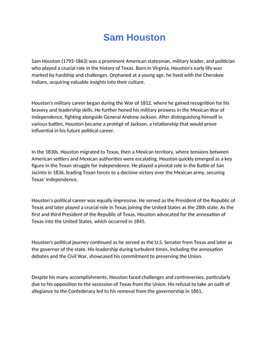 Sam Houston : Reading Comprehension Questions With Answers - Quiz ...